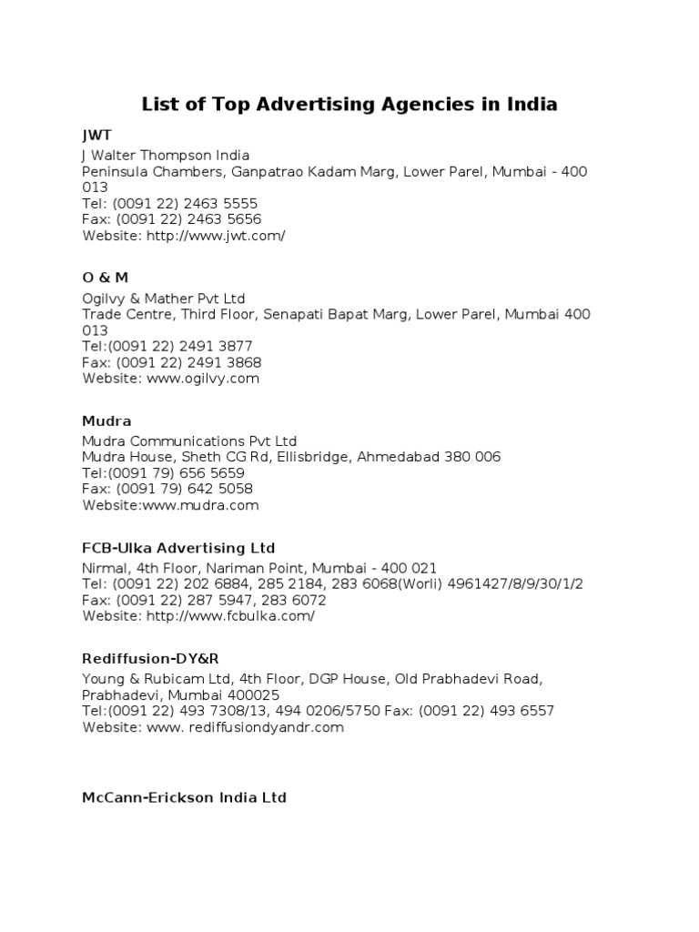 List of Top Advertising Agencies in India | PDF
