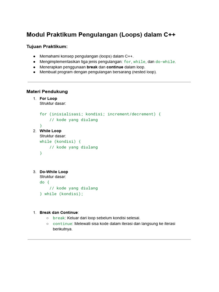 Modul Praktikum Pengulangan (Loops) Dalam C++ | PDF | Metode & Bahan Ajar | Komputer