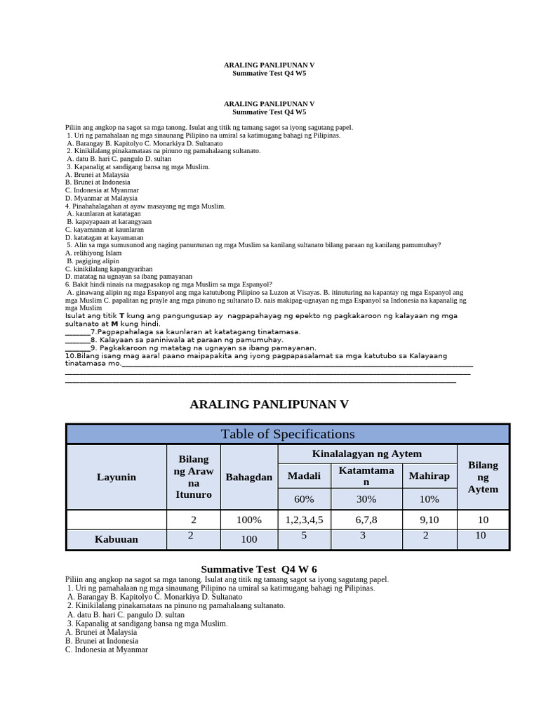ARALING PANLIPUNAN V Week 6 | PDF