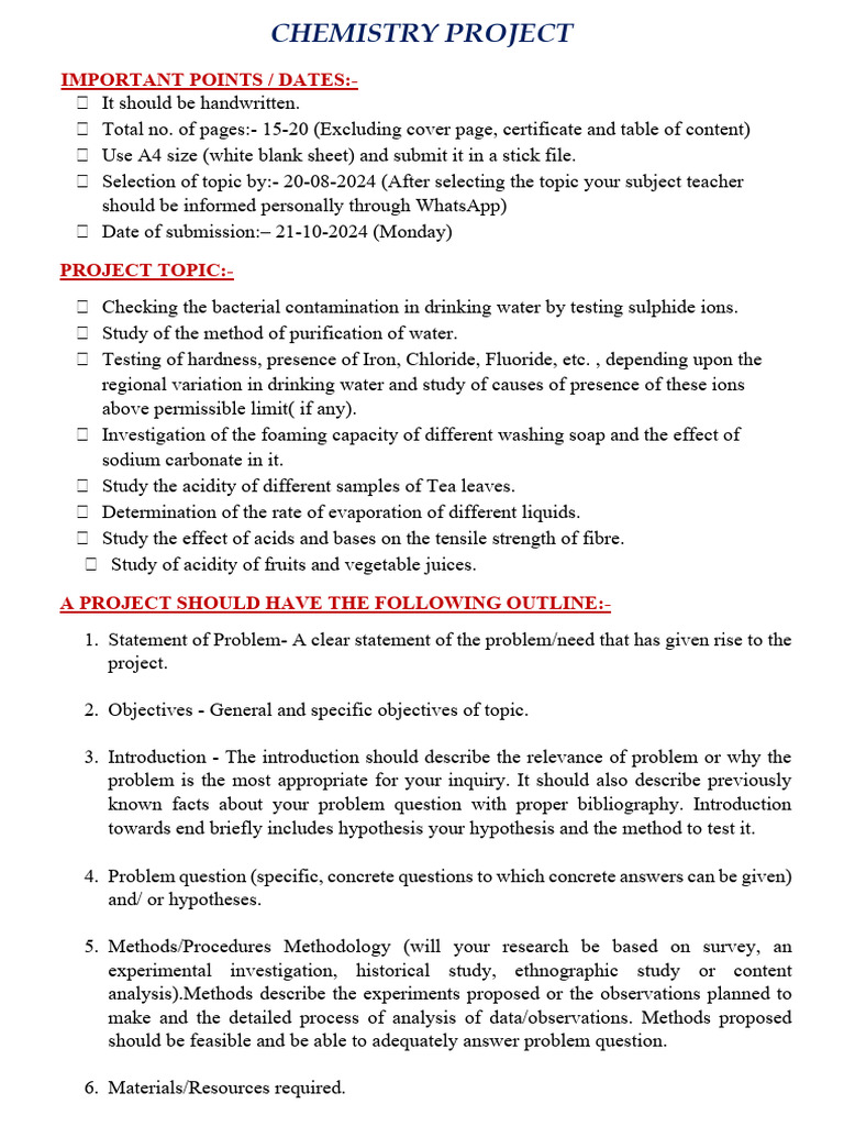 Project Topic and Guidlines For Project Work (Chem XI) | PDF ...