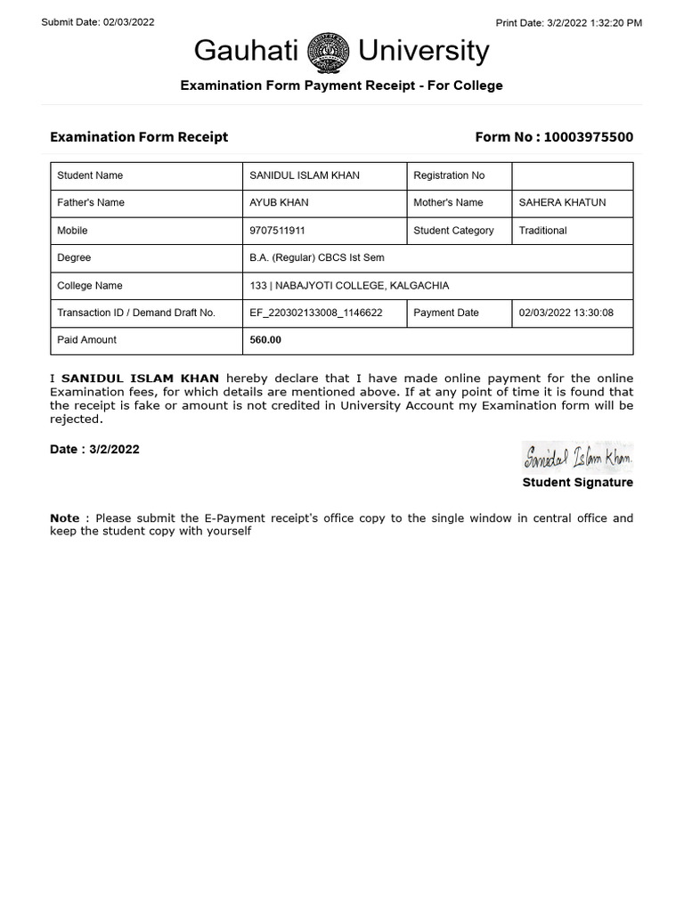 Gauhati University Exam Form Payment Receipt | PDF | Receipt | Payments