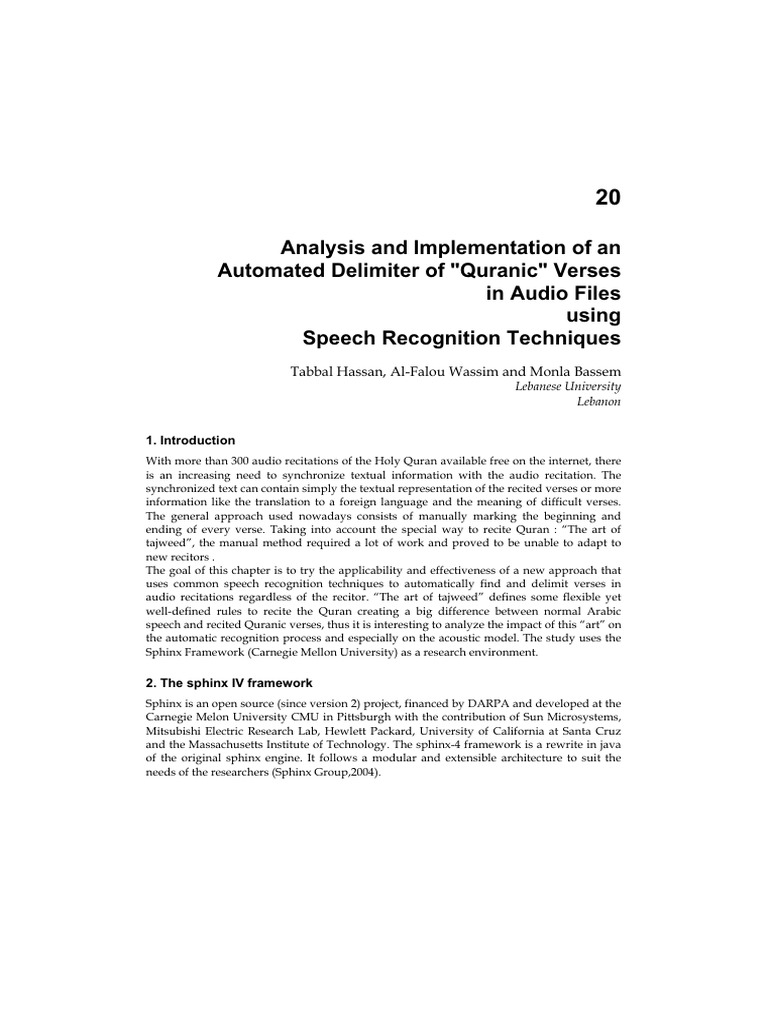 Analysis and Implementation of An Automated Delimiter of "Quranic" Verses in Audio Files Using ...