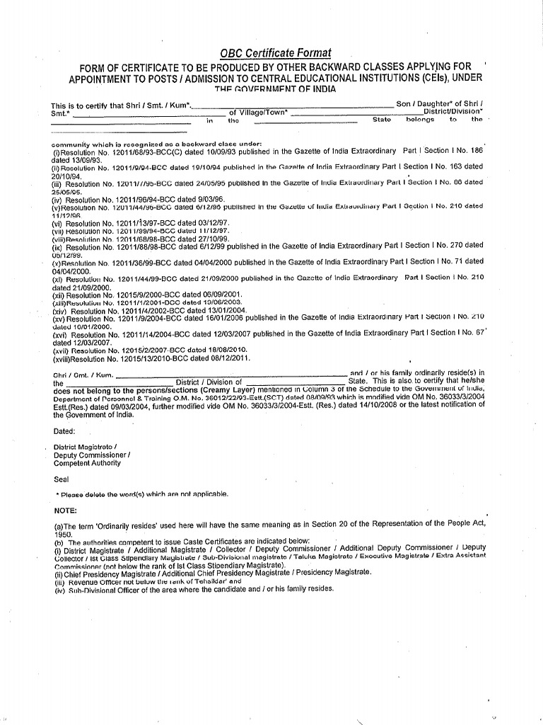 Central Obc Certificate | PDF