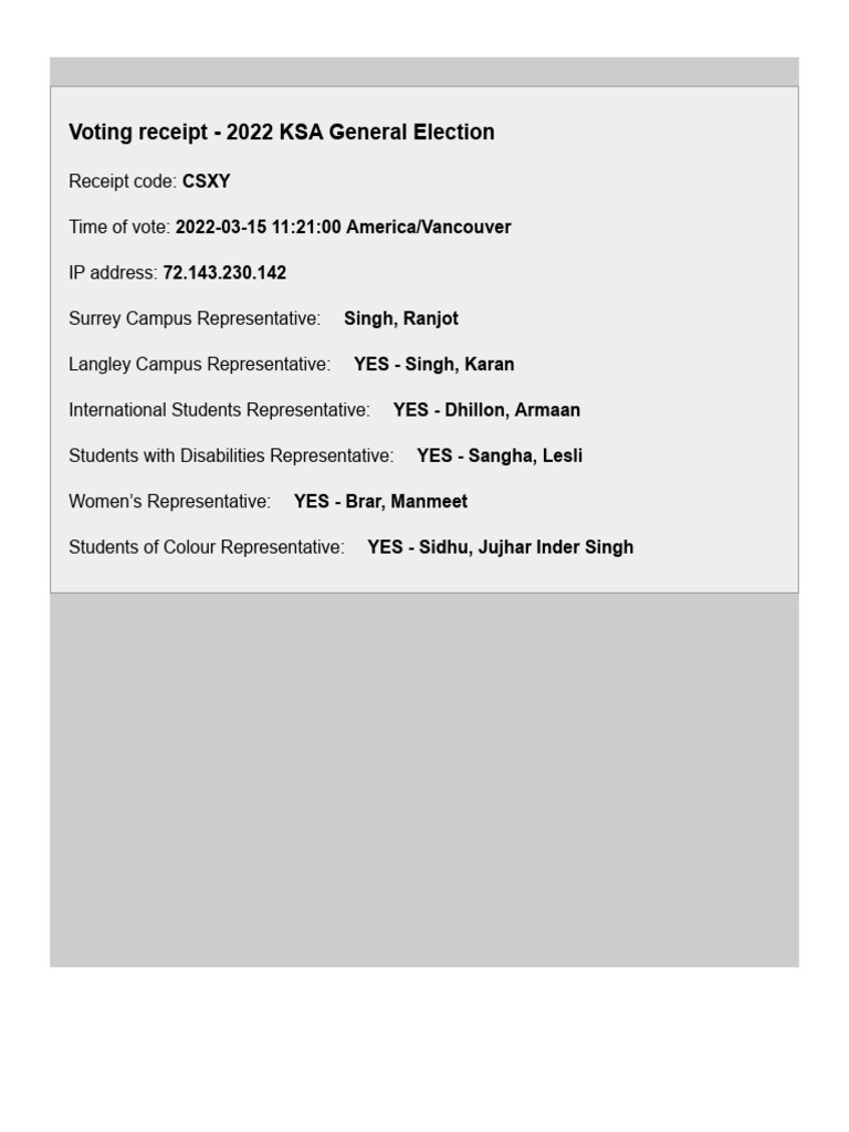 Voting Receipt - Kwantlen Student Association | PDF | Social Science