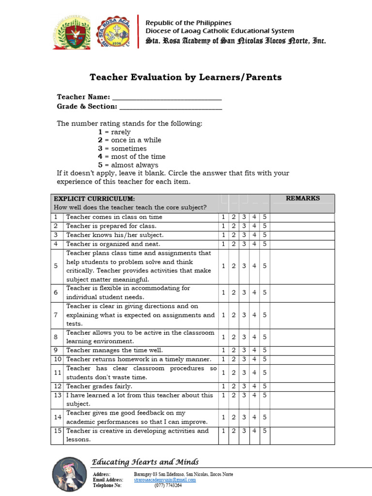SRA_Teacher Evaluation_Students & Parents | PDF | Teachers | Curriculum