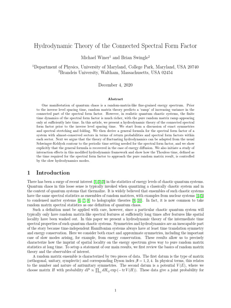 Hydrodynamic Theory Of The Connected Spectral Form Pdf Matrix