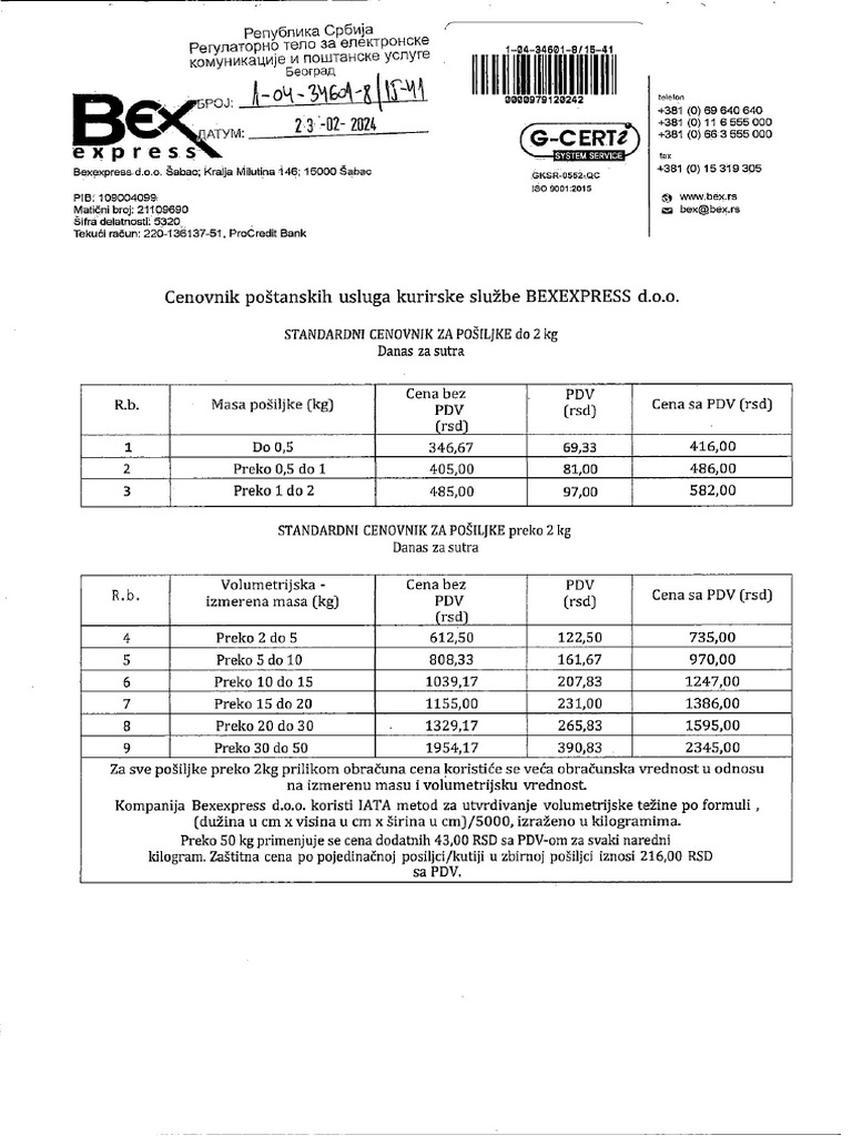 Cenovnik Mart 2024 | PDF