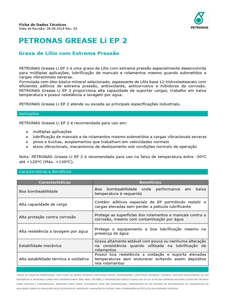 Ficha Técnica Petronas Graxa Lithium | PDF | Lubrificação | Óleo de motor