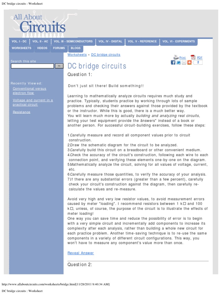 DC Bridge Circuits - Worksheet | PDF | Electrical Resistance And Conductance | Voltage