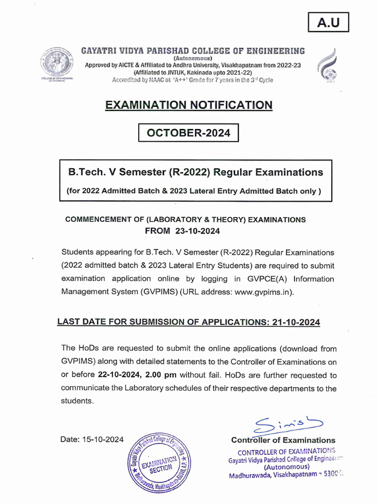 B.Tech-V-SEMESTER (R-2022) - REGULAR EXAMINATION NOTIFICATION OCTOBER 2024 | PDF