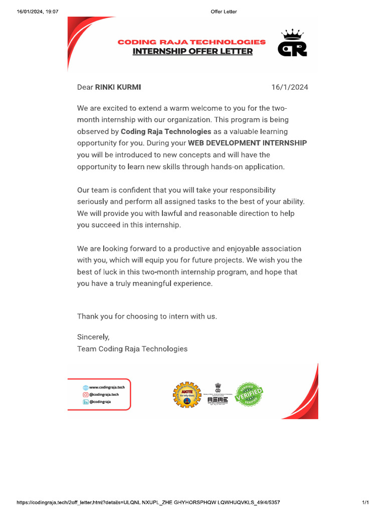 Offer Letter Codingraja | PDF