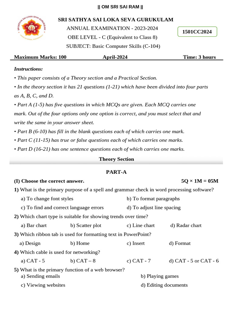 CA8th Annual Exam_Question Paper -C | PDF | Microsoft Excel | Computer ...