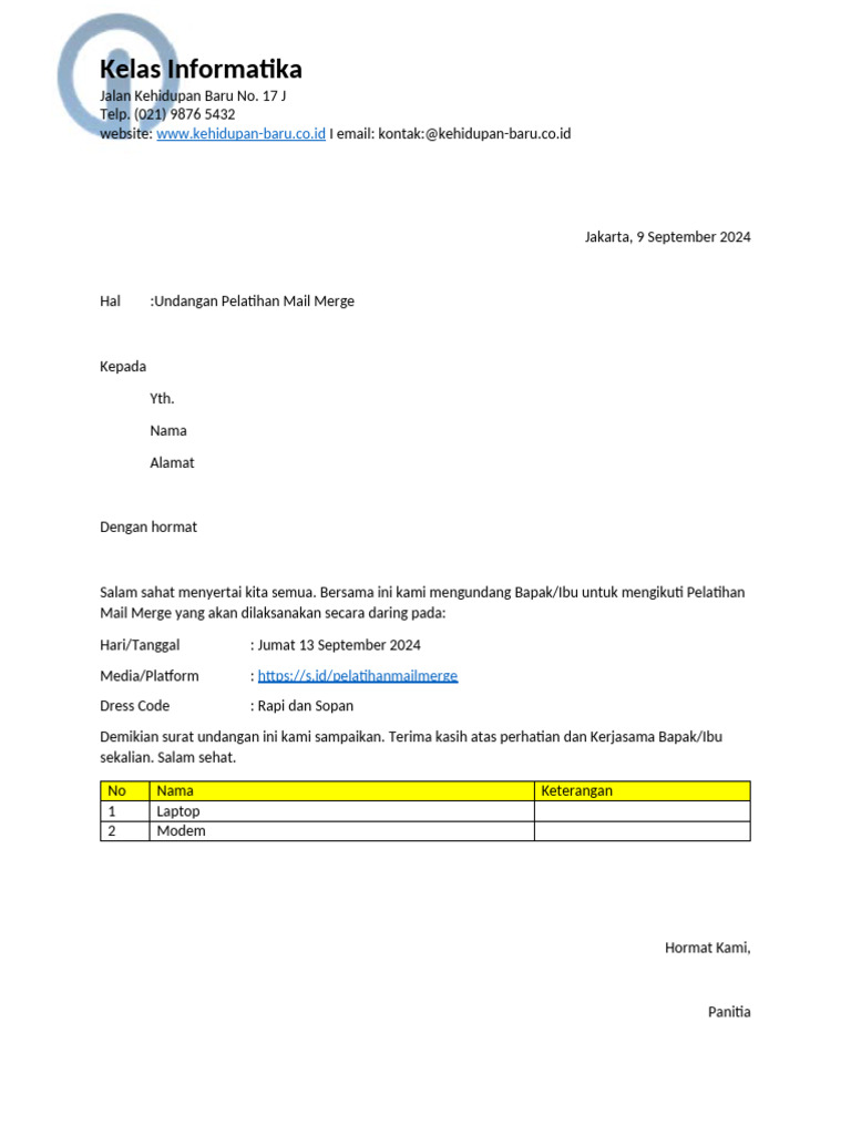 Undangan Pelatihan Mail Merge Daring | PDF | Komputer