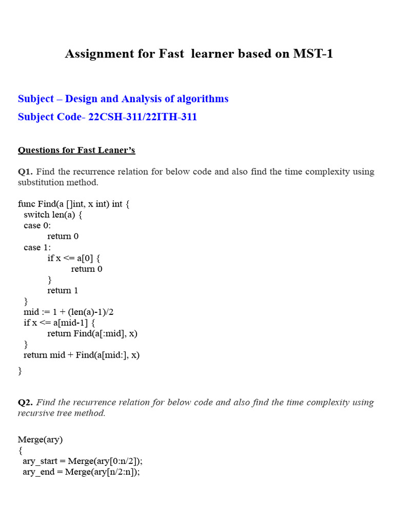 Daa Questions For Fast Learners Pdf Algorithms And Data Structures Applied Mathematics