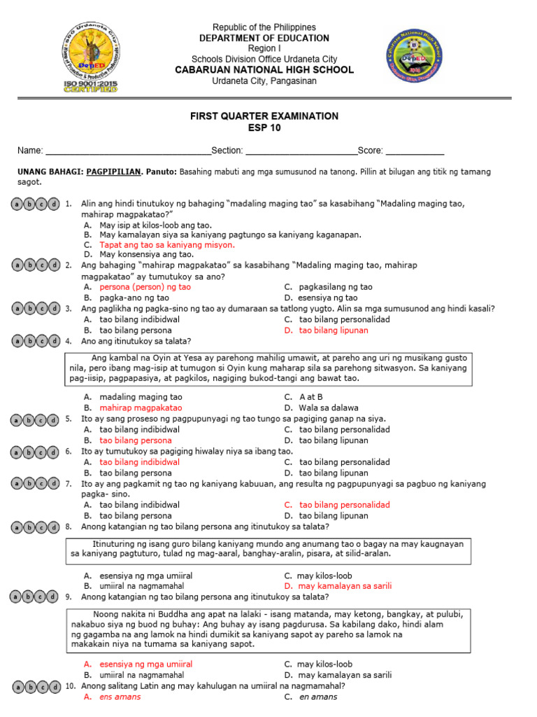 ESP 10 Q1 Exam | PDF