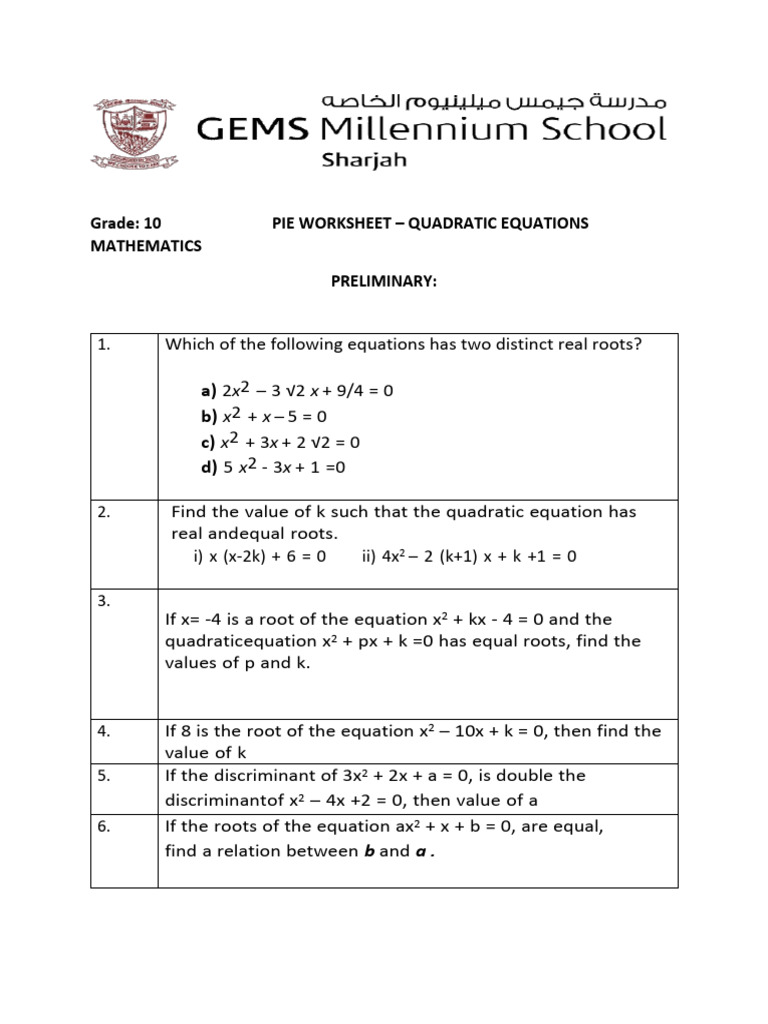 PIE WORKSHEET - QUADRATIC EQUATION(2023) | PDF | Elementary Geometry ...