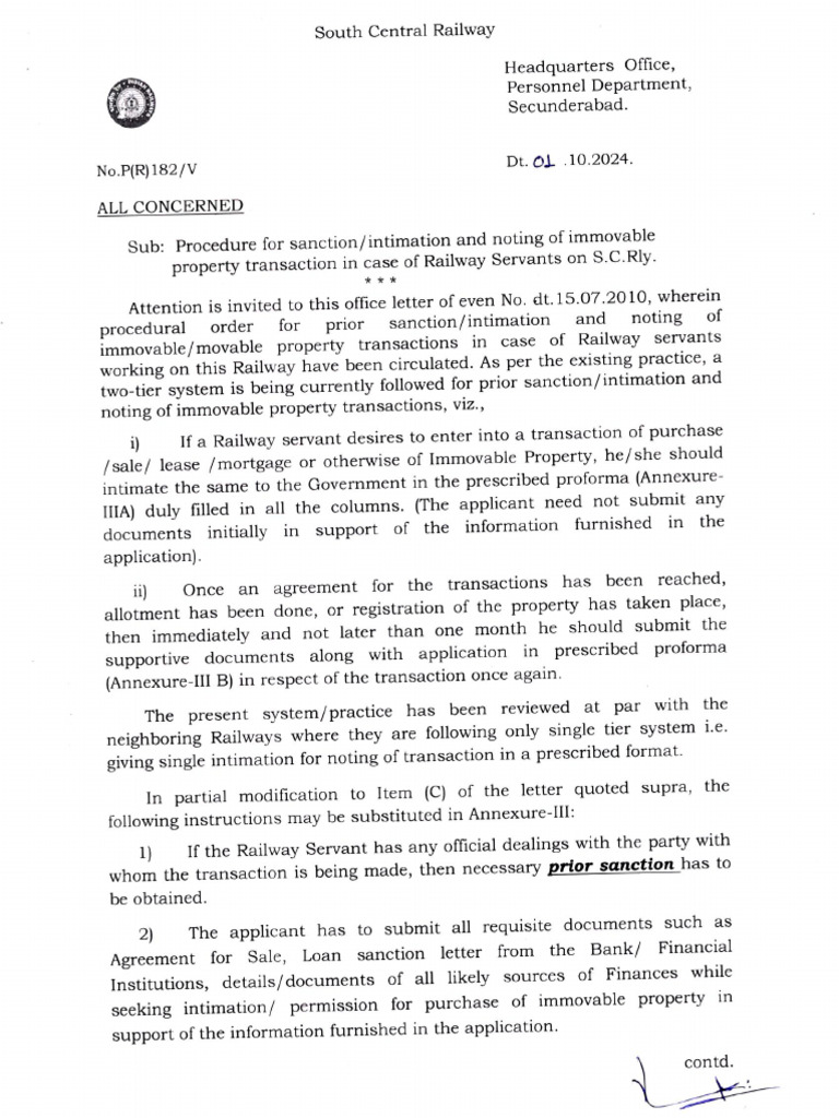 Procedure For Sanction Intimation of Immovable Property of Railway ...
