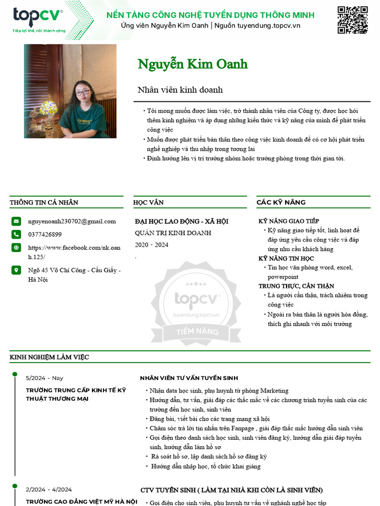 Nguyen Kim Oanh TopCV - VN 051024.152710 | PDF