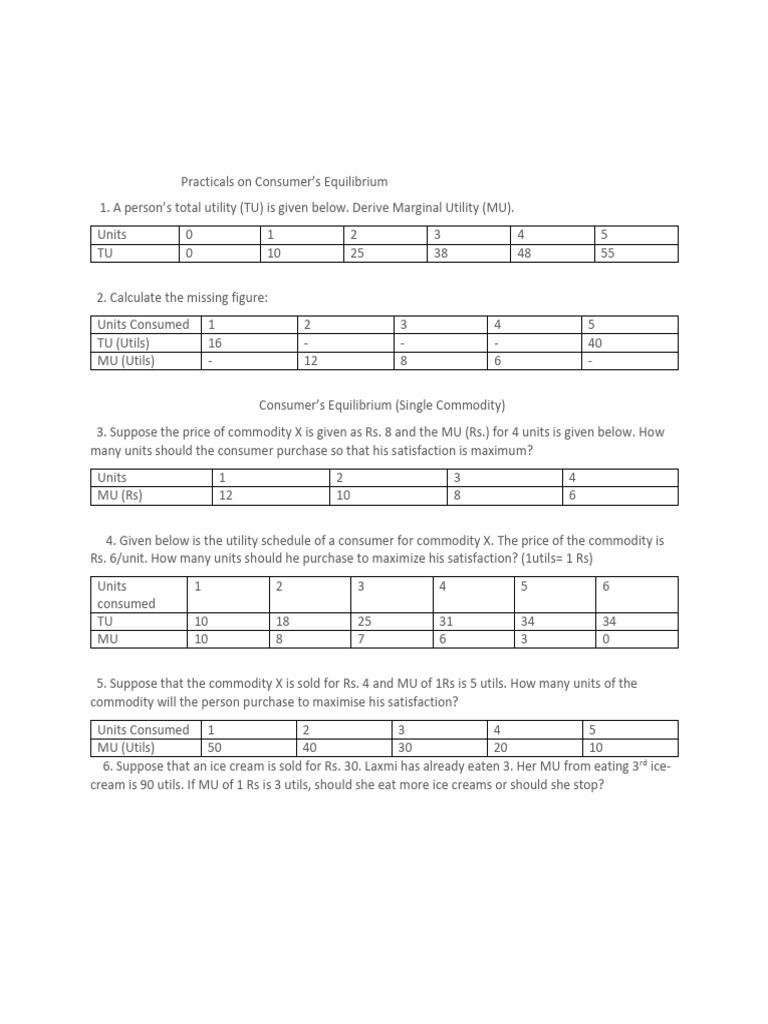 Practicals On Consumer Equilibrium 1 Pdf Utility Economic Equilibrium