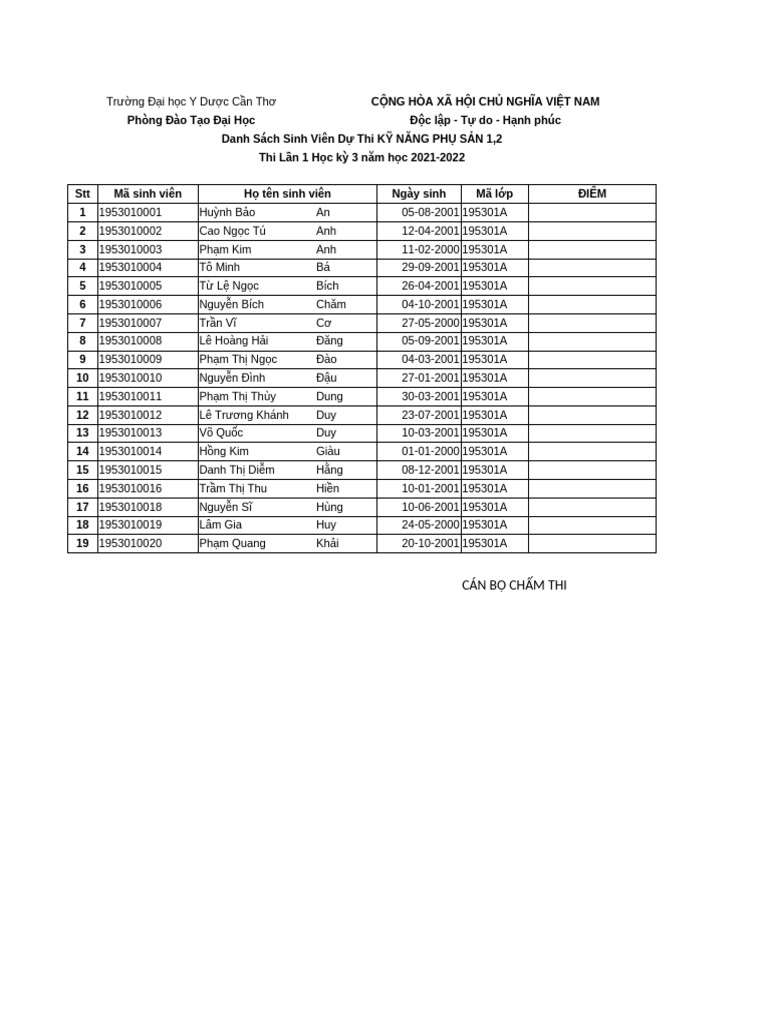 Ds Thi K Năng YA45 BÀN 1 | PDF