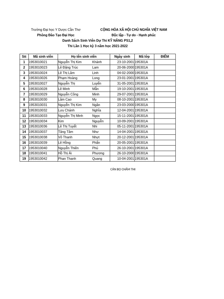 Ds Thi K Năng YA45 BÀN 2 | PDF