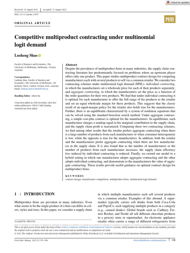 Production Oper Manag - 2022 - Shao - Competitive Multiproduct Contracting Under Multinomial ...