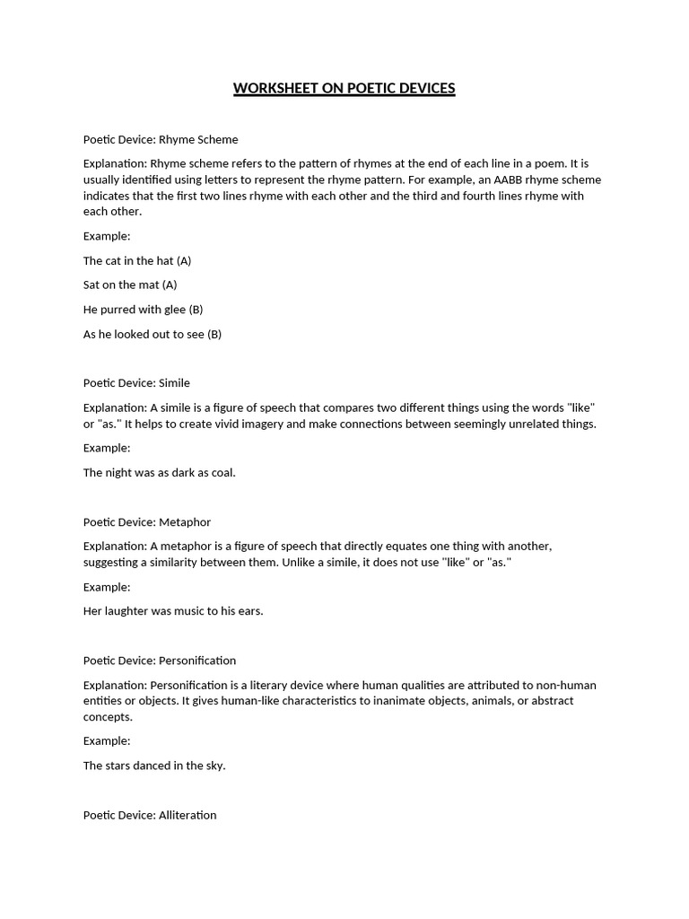 Poetic Devices Worksheet for Class 10 | PDF | Poetry | Rhyme