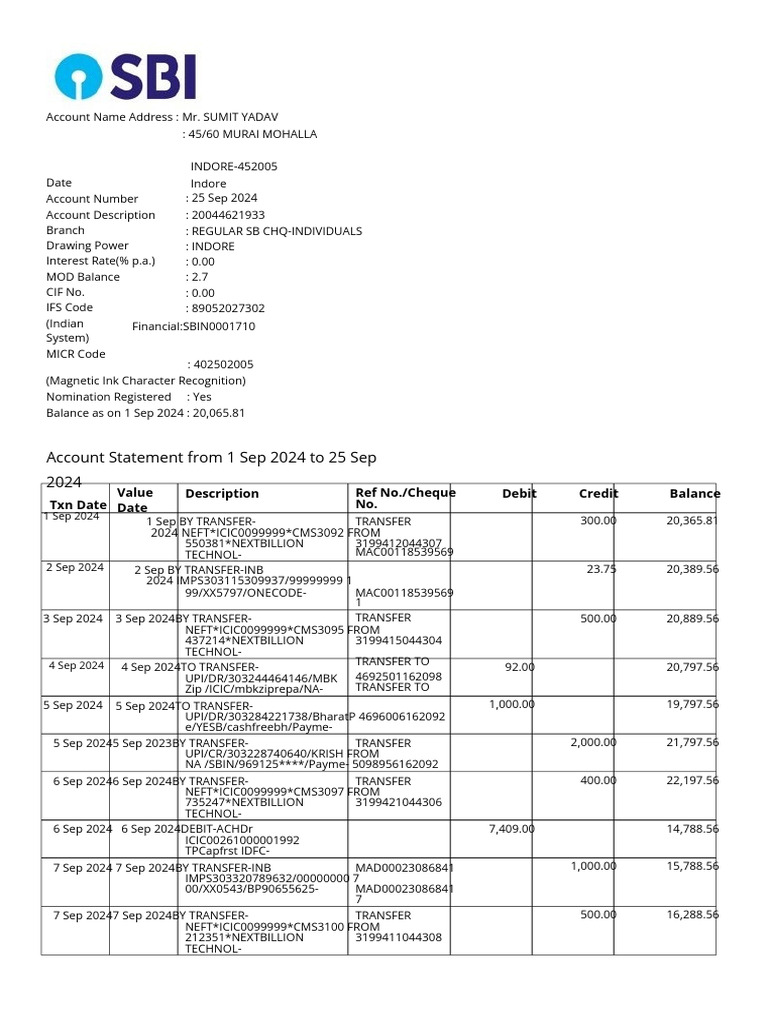 SBI BANK Statement PDF | PDF | Optical Character Recognition | Typography
