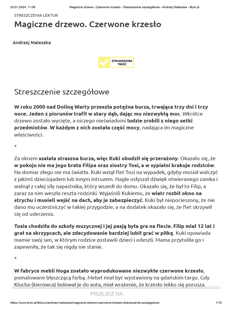 Magiczne Drzewo. Czerwone Krzesło - Streszczenie Szczegółowe - Andrzej Maleszka - Bryk - PL | PDF