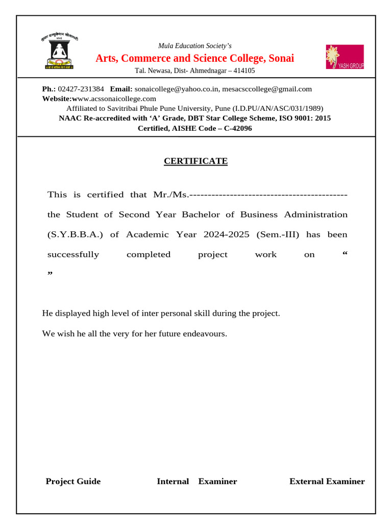 Project Certificate SYBBA - | PDF