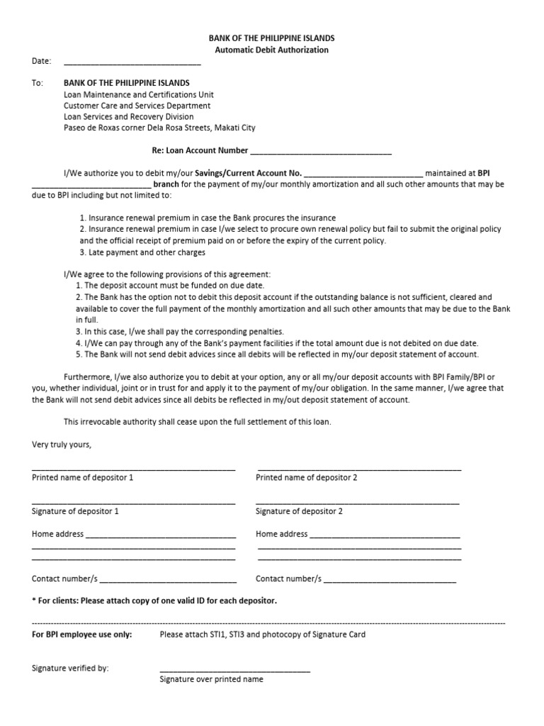 BPI Automatic Debit Authorization Form | PDF | Banks | Debit Card