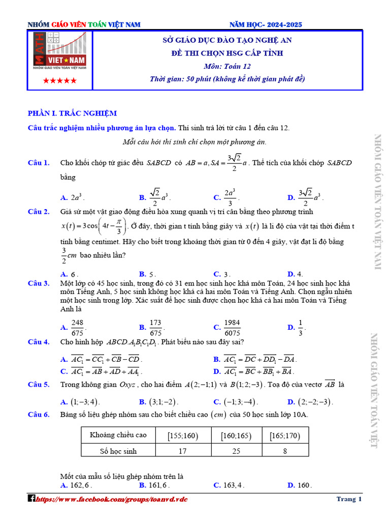 De Chon Hoc Sinh Gioi Tinh Toan 12 Nam 2024 2025 So GDDT Nghe An | PDF