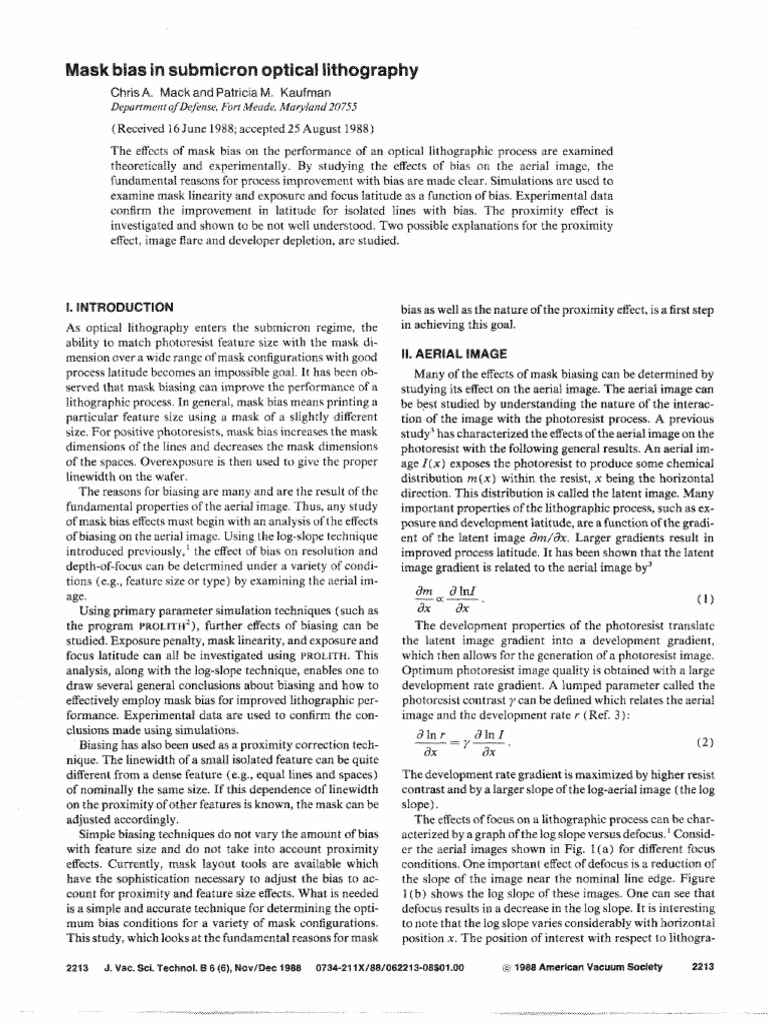 1988 - 13 - Mask Bias in Submicron Optical Lithography | PDF