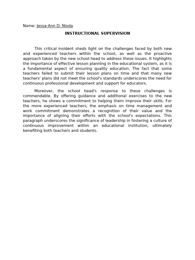 Reflection Instructional Supervision | PDF