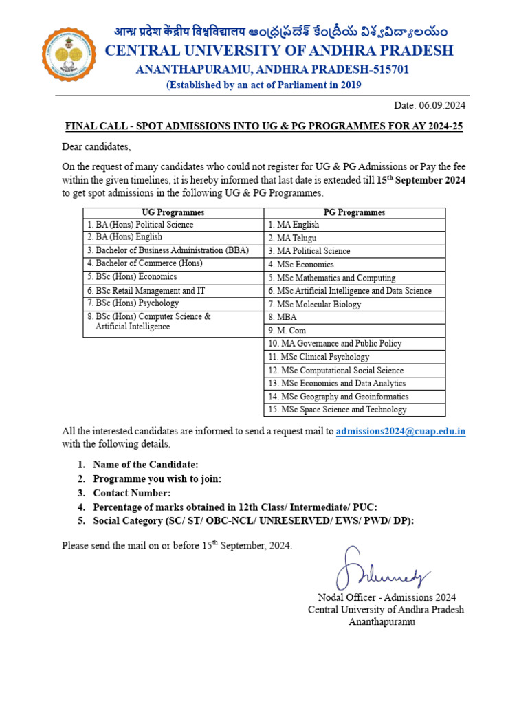Final Call: CUAP Spot Admissions | PDF | Bachelor Of Science | Master ...