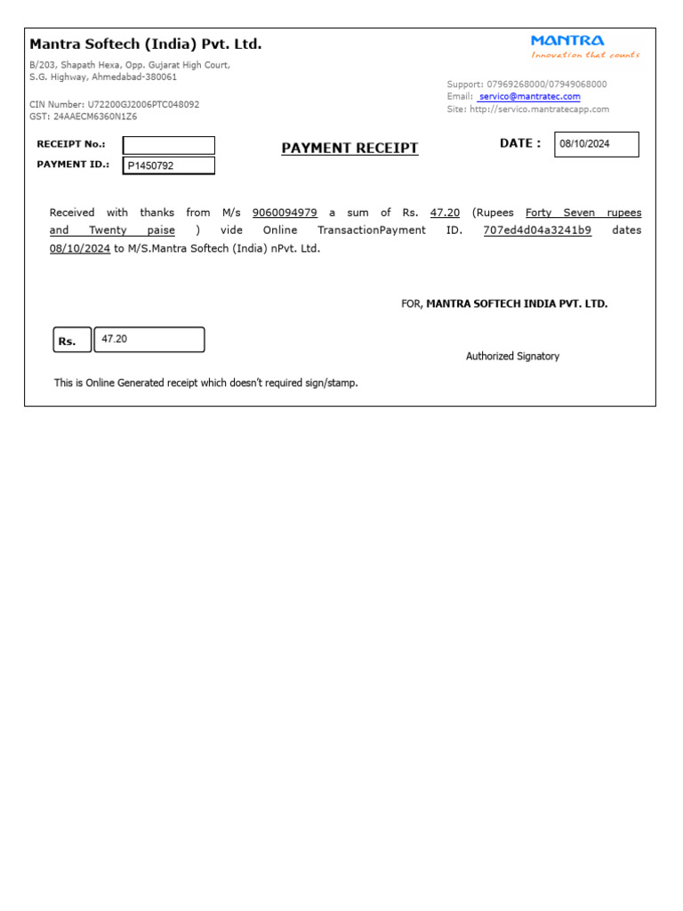 Mantra Softech (India) Pvt. LTD.: Receipt No.: Payment Id. | PDF