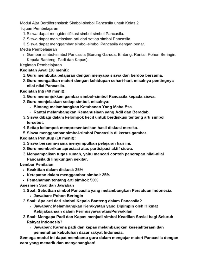 Modul Ajar Berdiferensiasi Simbol-Simbol Pancasila Untuk Kelas 2 Tujuan ...