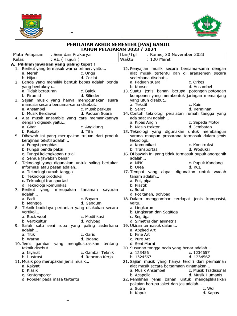PAS Ganjil Seni Prakarya Kelas 7 | PDF
