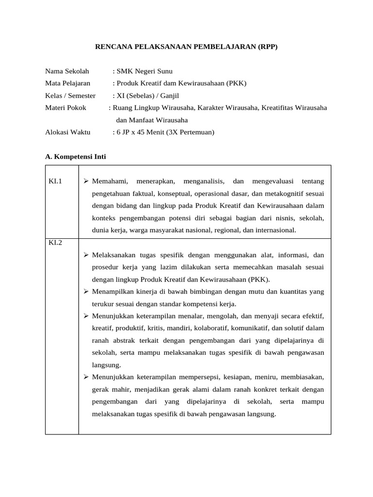 RPP Produk Kreatif Dan Kewirausahaan | PDF
