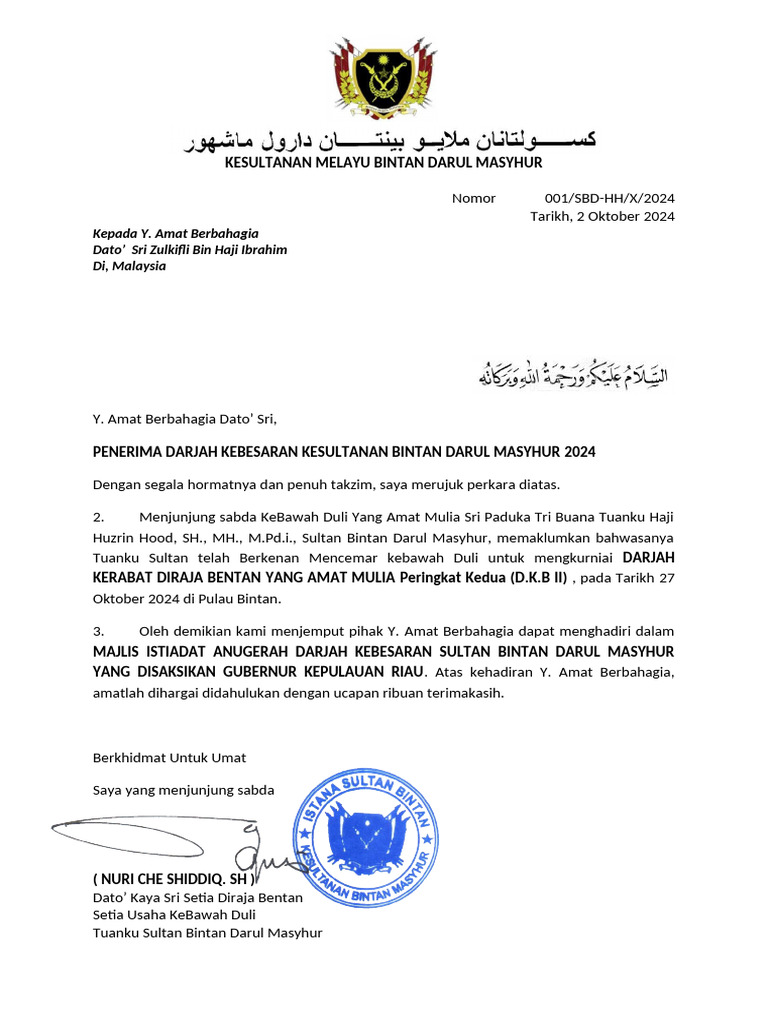 Dato Sri Zulkifli Penerima Darjah Kerabat 2024 | PDF
