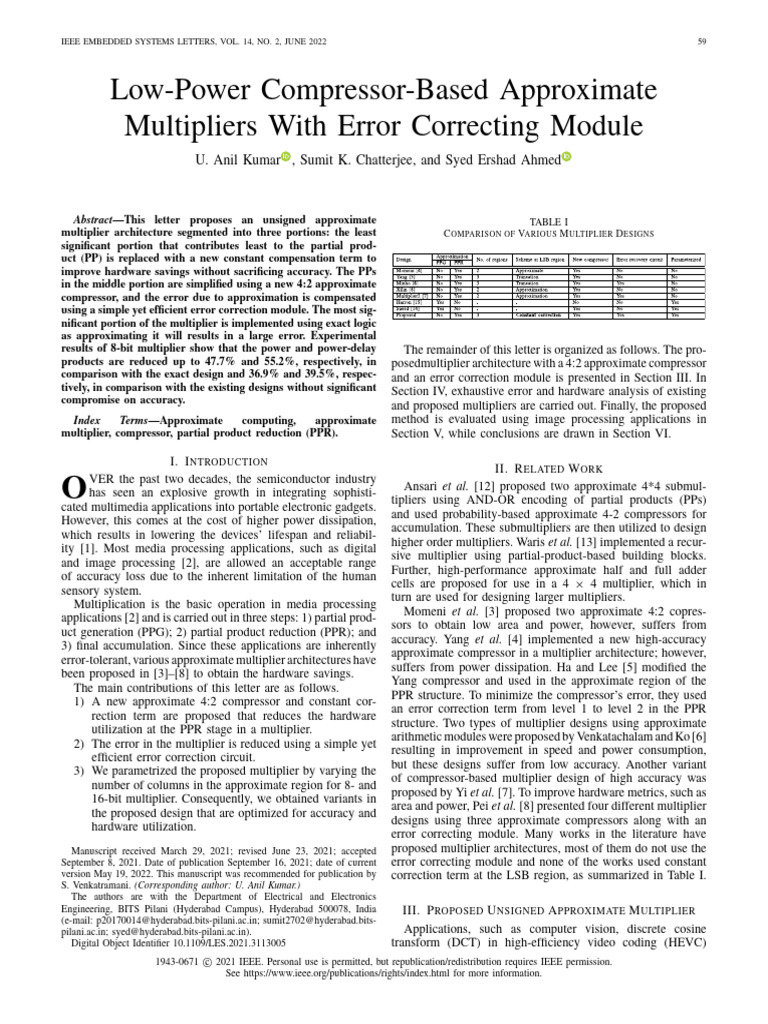 Low-Power Compressor-Based Approximate Multipliers With Error Correcting Module | PDF | Data ...