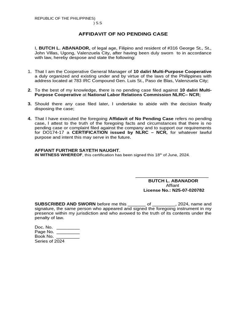 Affidavit of No Pending Case | PDF | Social Science
