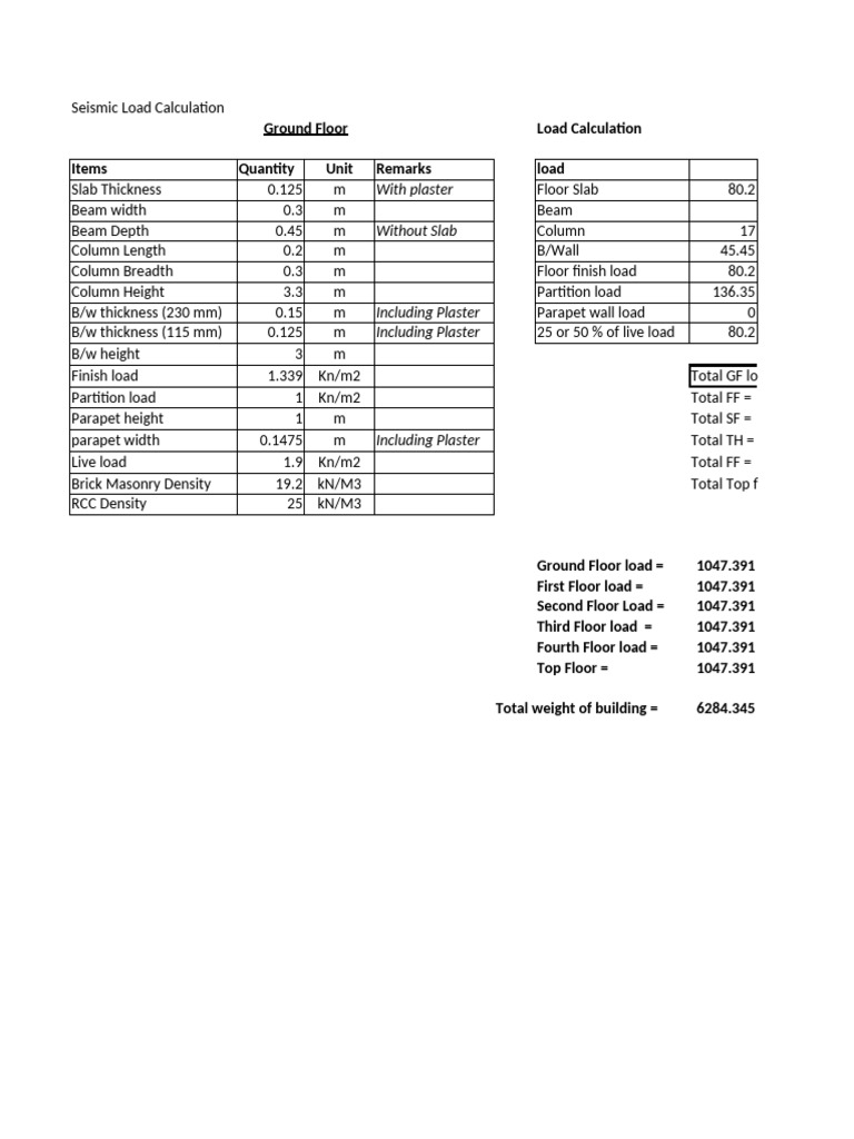 Seismic Load Calculation for Multi-Story Building | PDF | Wall | Column