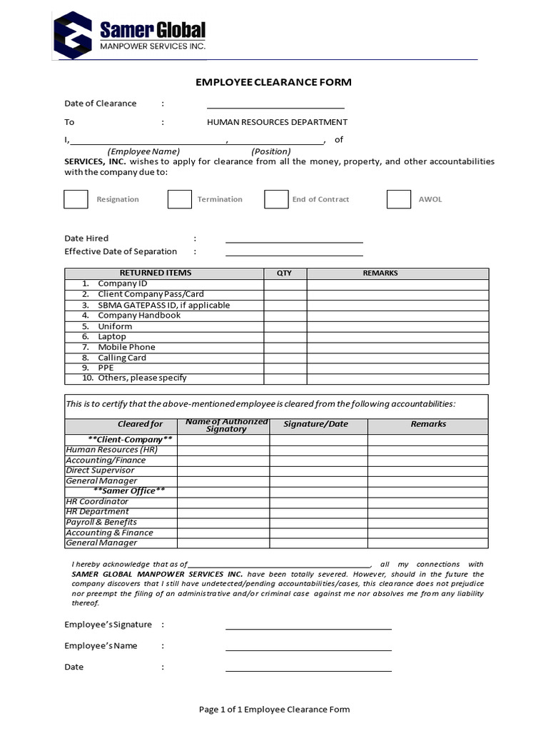Employee Clearance Form Template | PDF | Human Resources ...