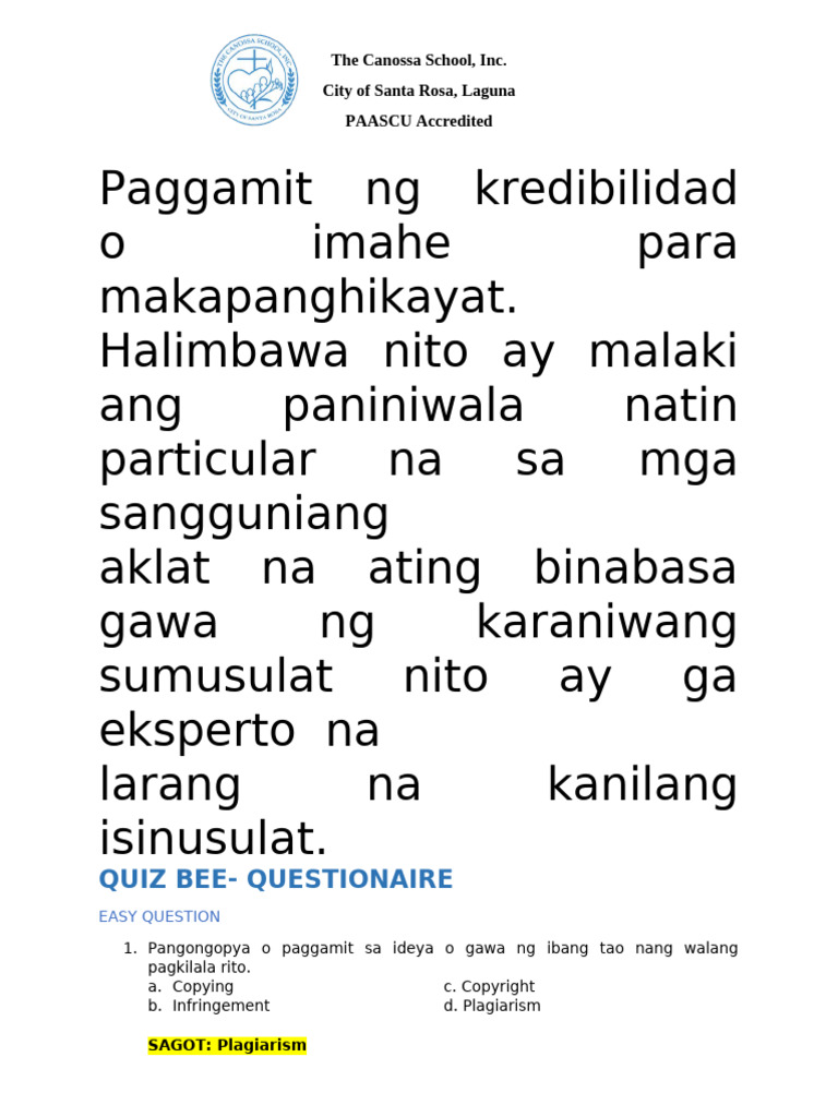 Quiz Bee Filipino | PDF