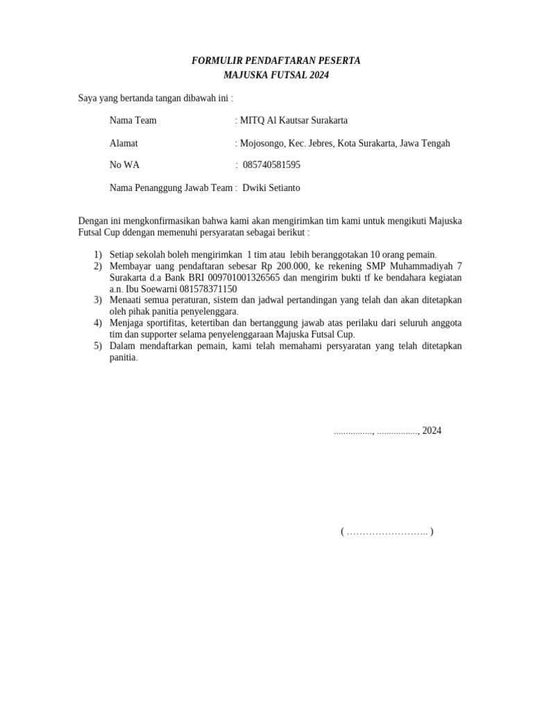 Formulir Pendaftaran Majuska Futsal Cup 2024 | PDF
