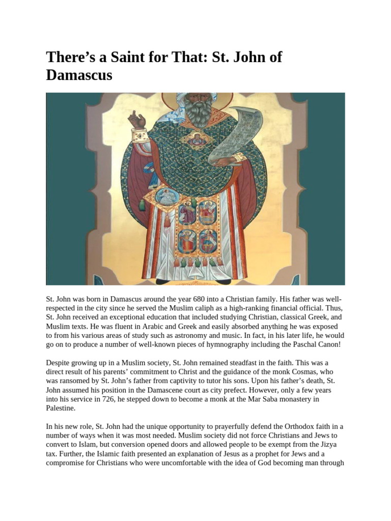 Theres A Saint For That - ST John of Damascus | PDF | Faith | Jesus