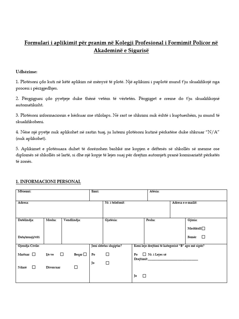 Formulari I Aplikimit. | PDF