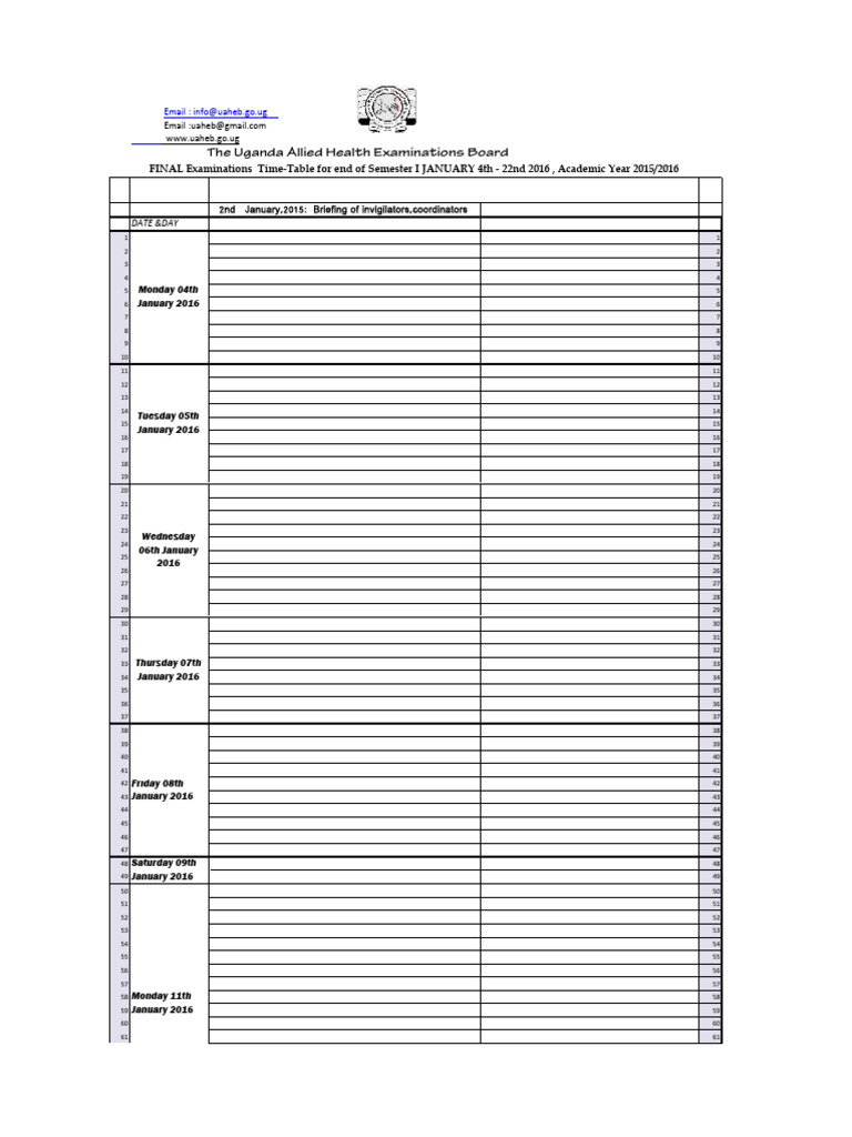 FINAL Examinations Time Table For End of Semester I 2016 | PDF ...