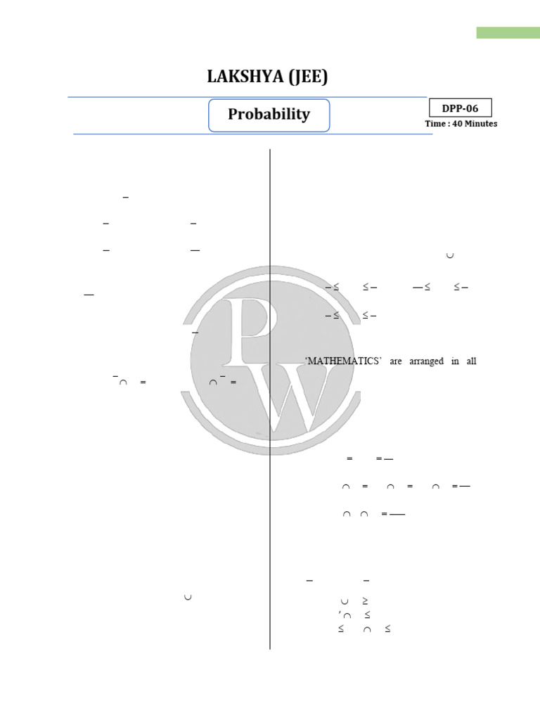 Probability DPP 06 of Lecture 07 Probability DPP 06 Lakshya JEE | PDF | Odds | Probability